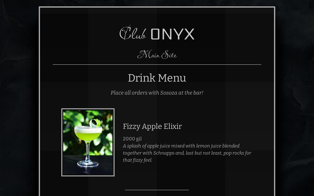 Club Onyx Menu